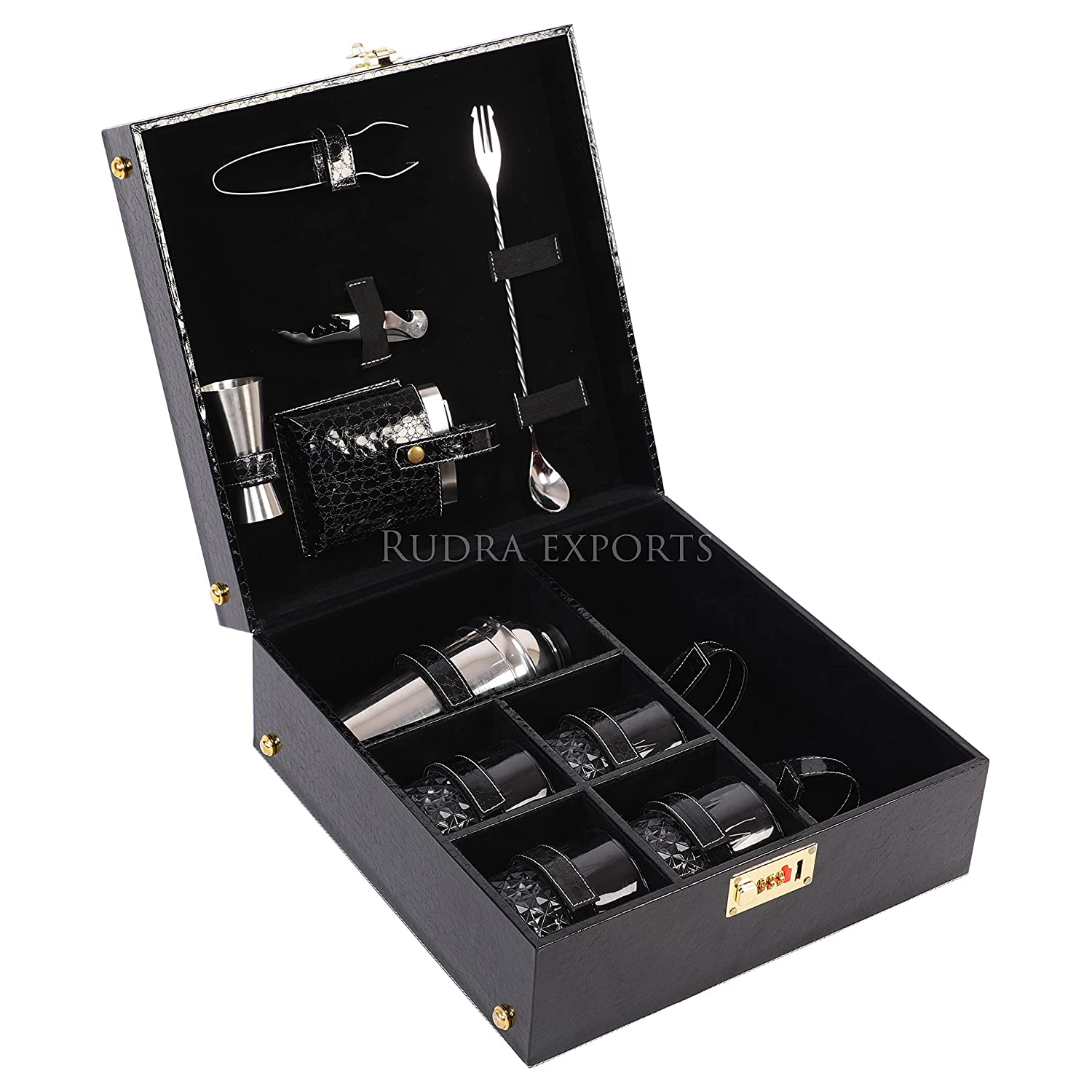 Rudra Exports Portable Leatherette Bar Set | Wine Case |Wooden Bar Set